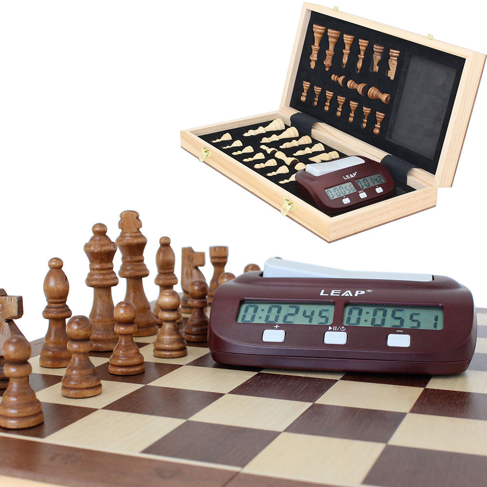 With Digital Clock Timer 15.5" Wooden Felted Chess Game Set Wooden ...